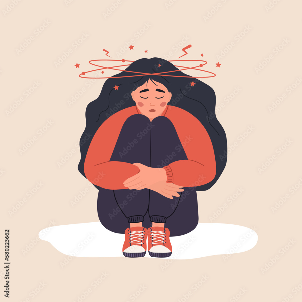 Anemia concept. Sad woman with dizziness sitting on floor. Unhappy girl ...