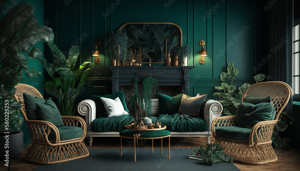 Luxury Home interior with rattan furniture and decor, flowers, 3D ...