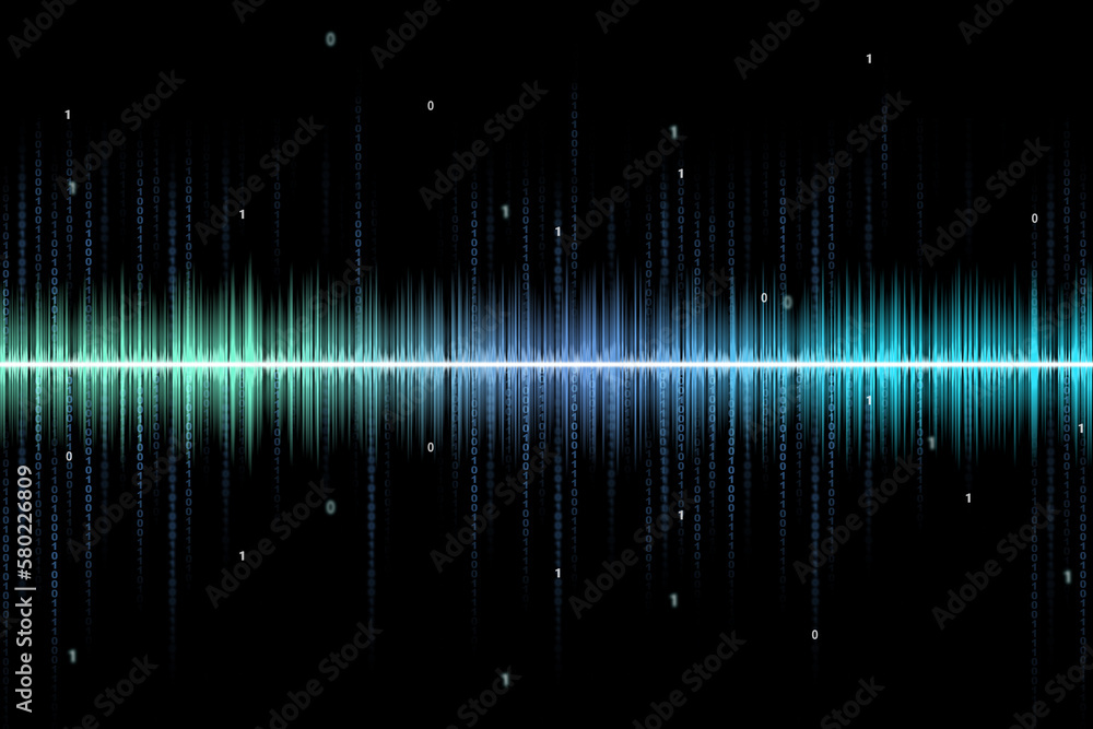 Abstract blue rhythmic digital sound wave with binary code on black background. Sound waveform ...