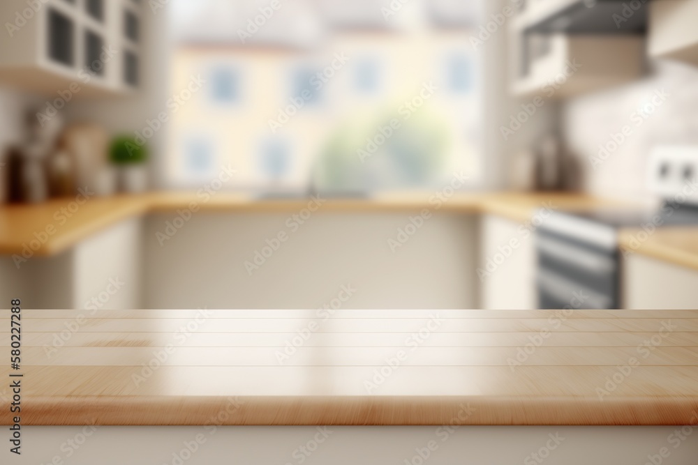 Generative AI. A modern luxury wooden kitchen countertop with decor and ...