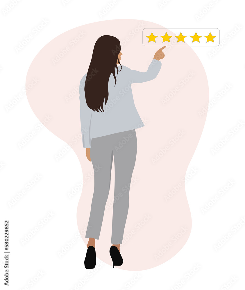 Businesswoman leave five star rating and service satisfaction feedback ...