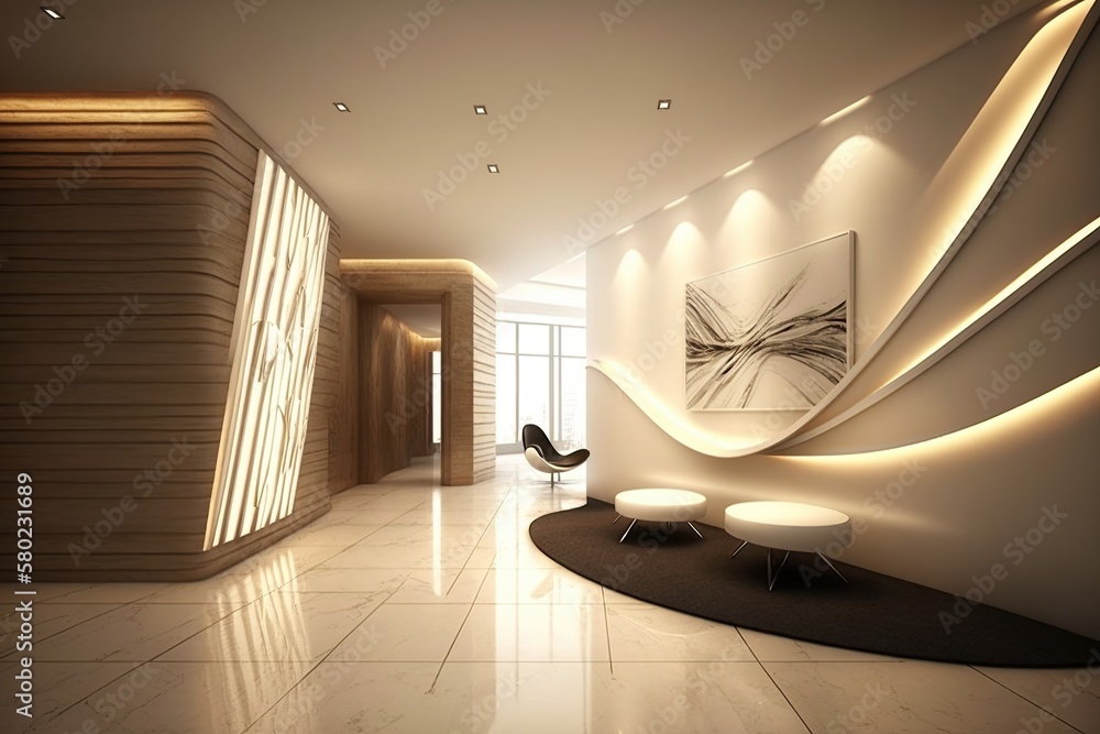 Environment, small lobby, white curved feature wall, white linear ...