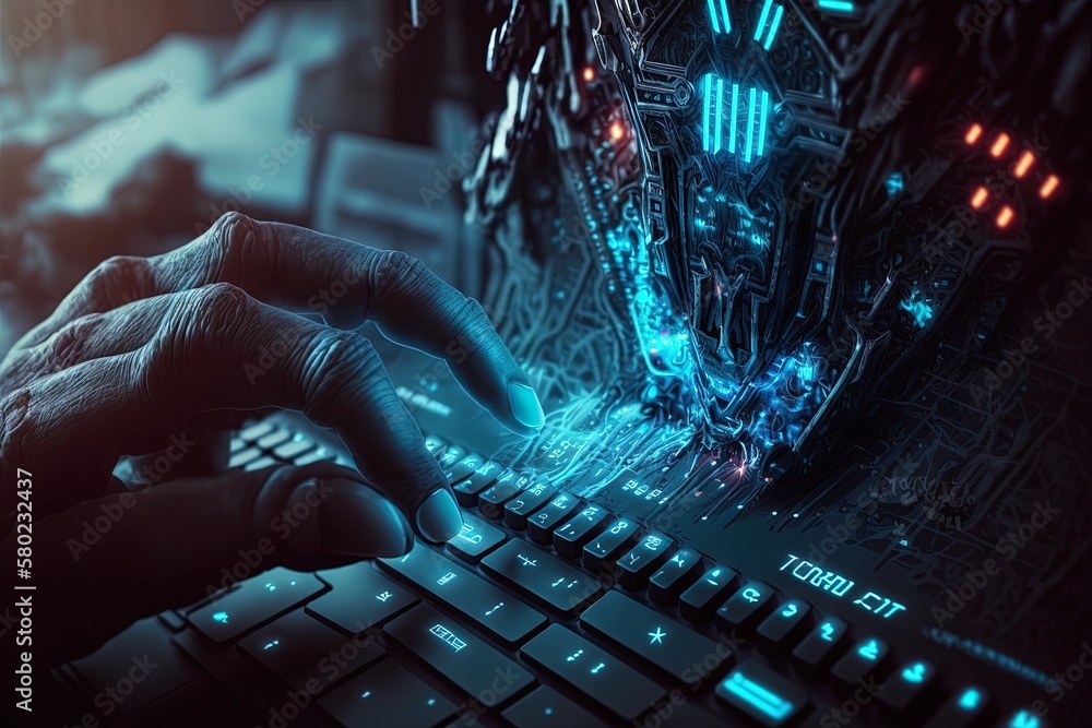 A hand typing a prompt command to generate a futuristic image with the ...