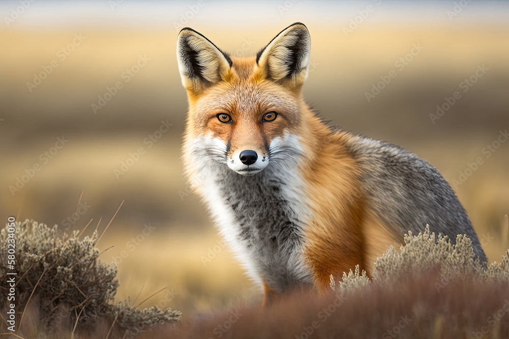 Red fox crouched (Vulpes vulpes). The fox moves slowly and looks right ...