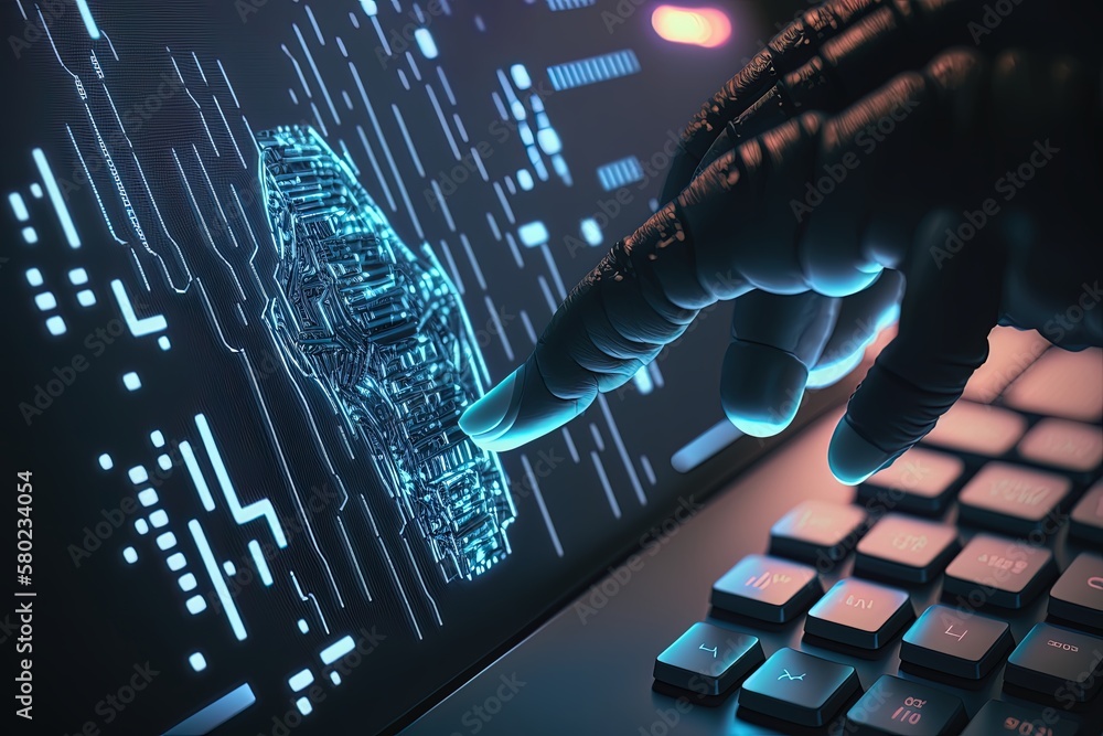 A hand typing a prompt command to generate a futuristic image with the ...