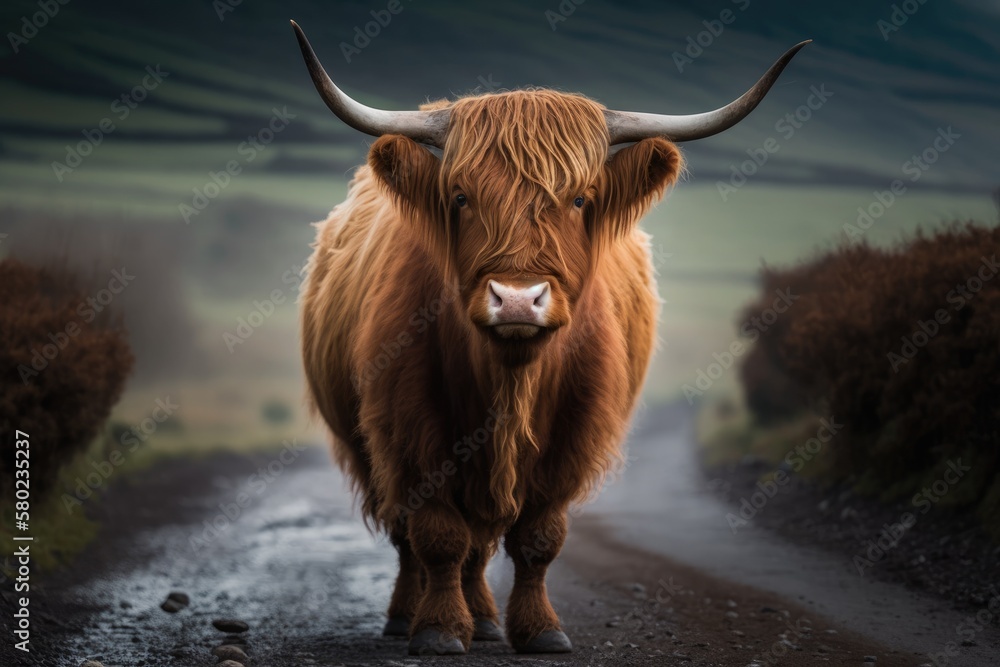 Near a gravel road, a highland cow with a long tuft of reddish hair ...