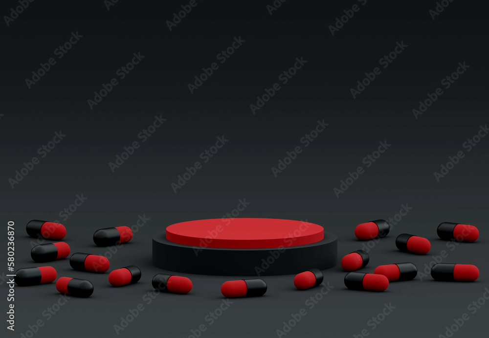 Red cylinder podium with decorative black and red tablet pills on Black ...