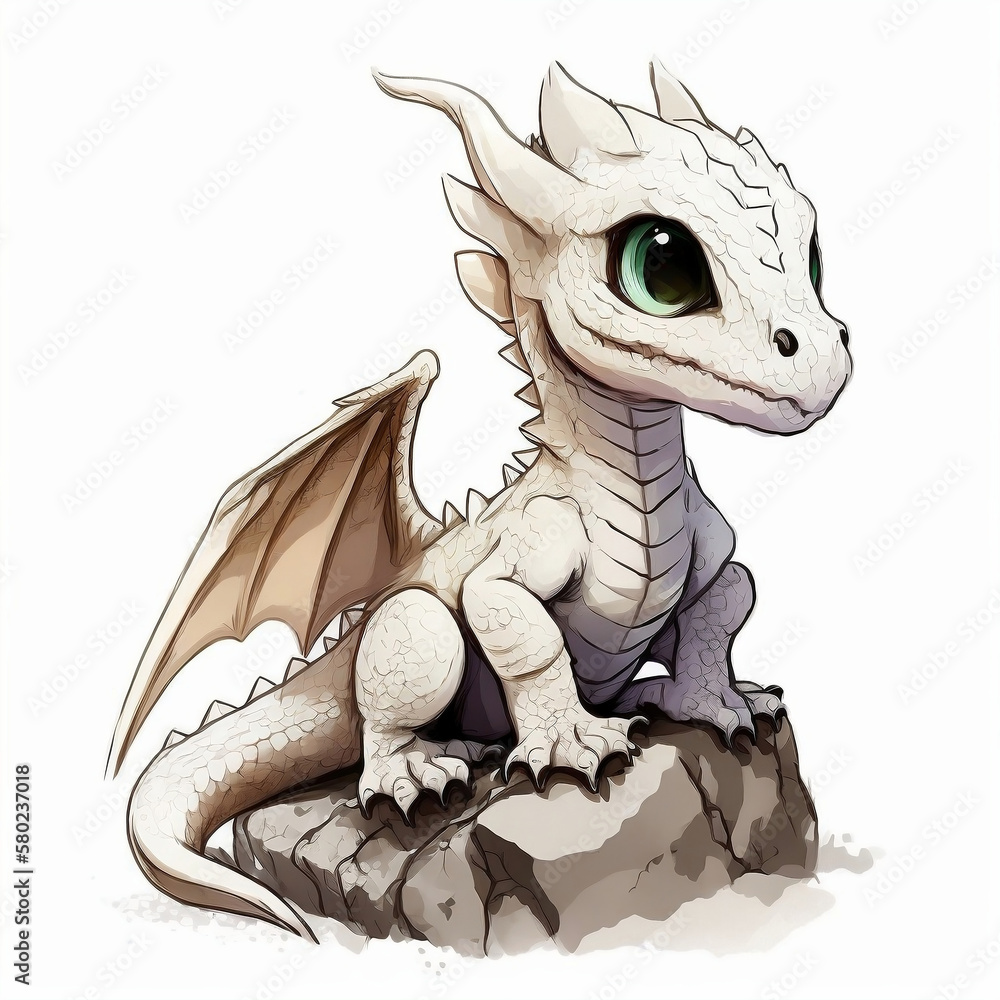 watercolor painting of a chibi red dragon with loose gestural, white ...