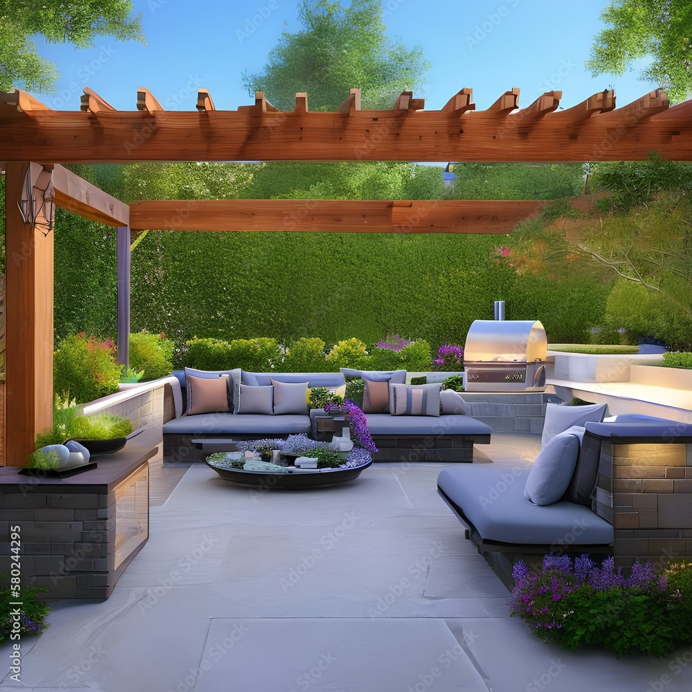 14 A serene outdoor living space with a stone patio, a pergola, and a ...