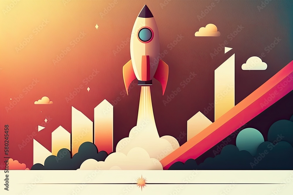 Rising rocket on a rising graph bar. Concept of a new company's growth ...