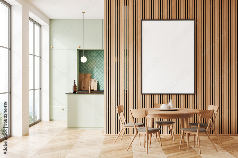 Stylish kitchen interior with dining table and cooking area. Mockup ...