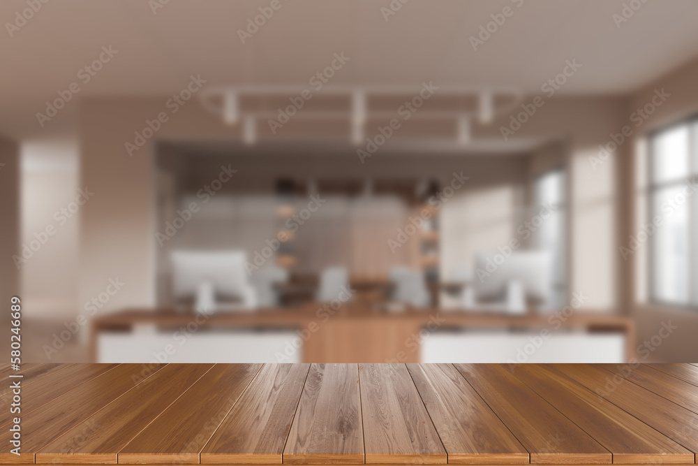Empty wooden desk and office room interior with furniture and window ...