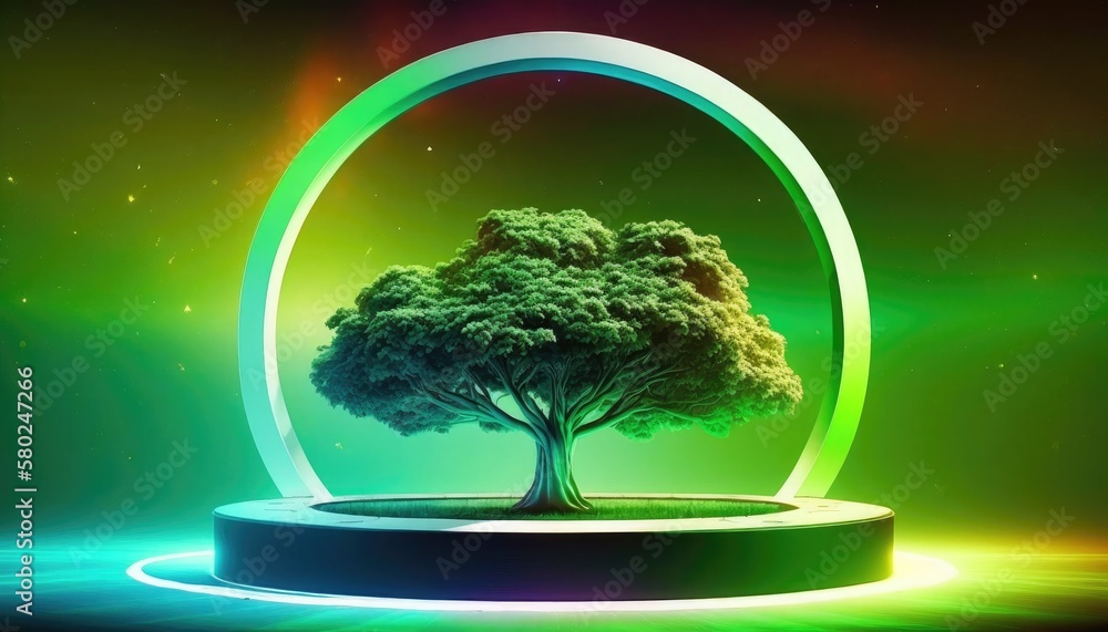 Green tree symbol on circle podium light green background, pure nature ...