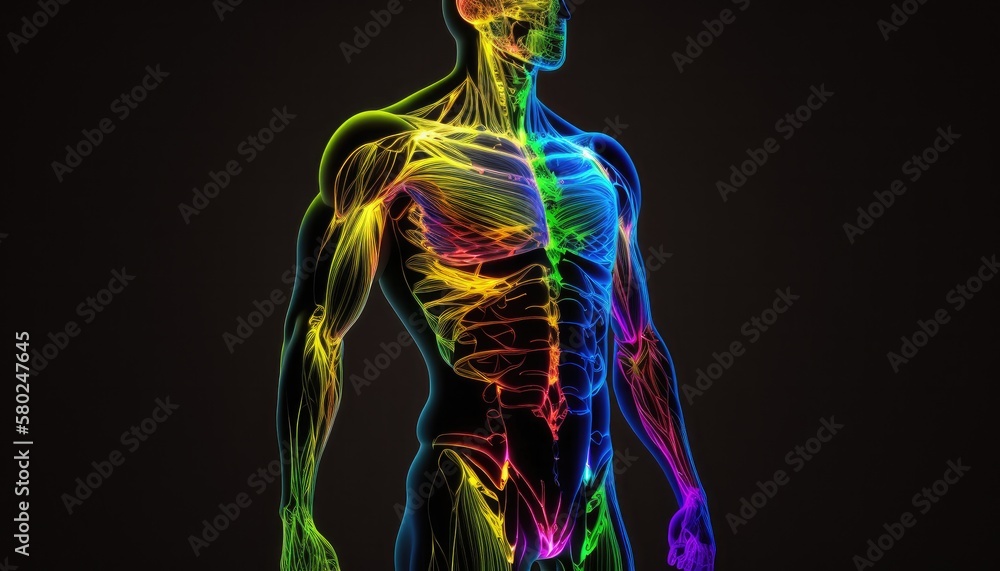 Translucent human body muscles colorful neon glowing on dark background ...