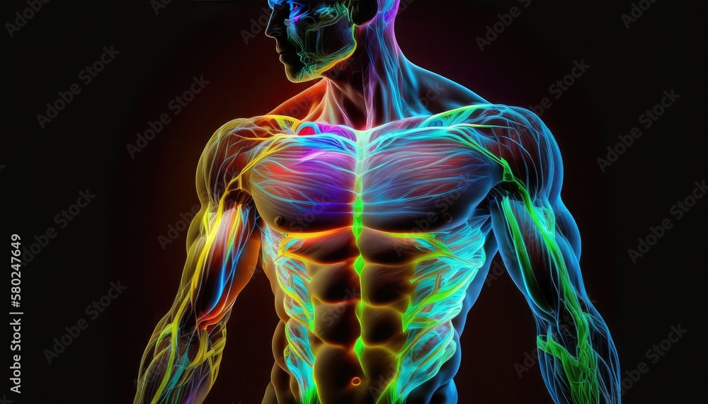 Translucent human body muscles colorful neon glowing on dark background ...
