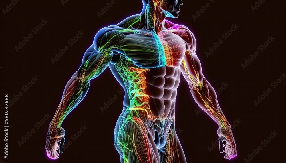 Translucent human body muscles colorful neon glowing on dark background ...
