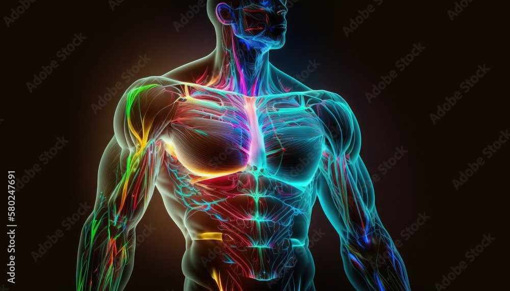 Translucent human body muscles colorful neon glowing on dark background ...