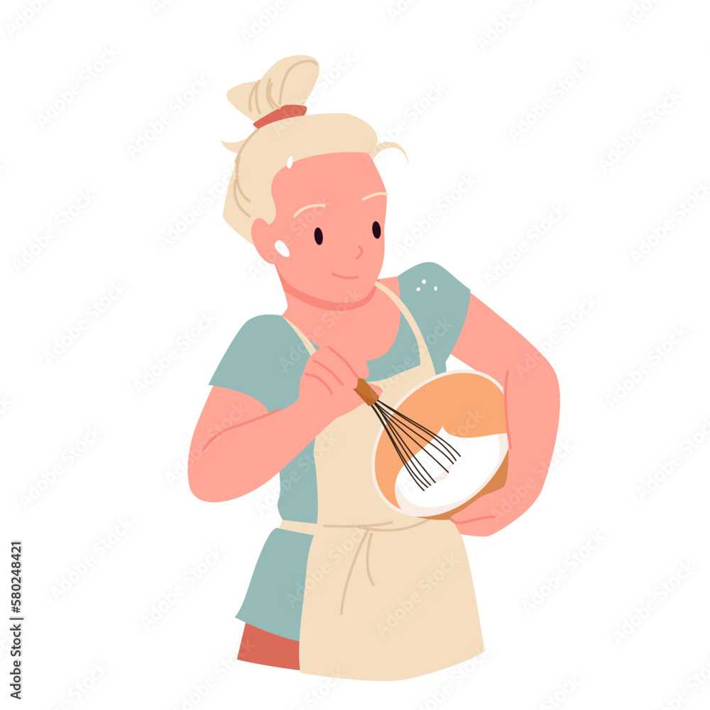 Vetor de Girl mixing dough in bowl with whisk vector illustration ...
