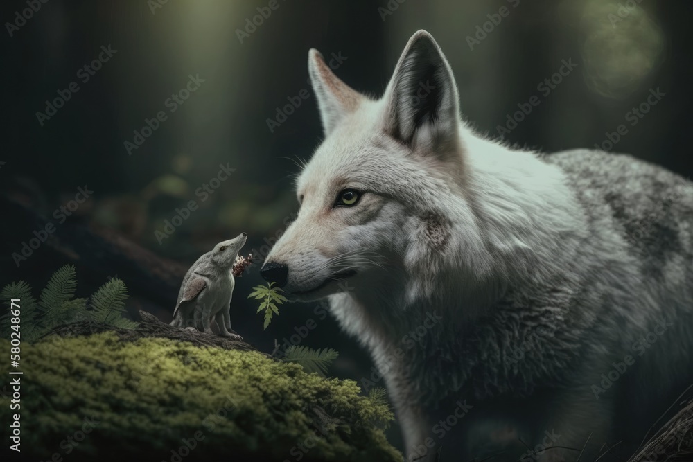 White wolf eating rabbit in forest in nature, prey in teeth up close ...