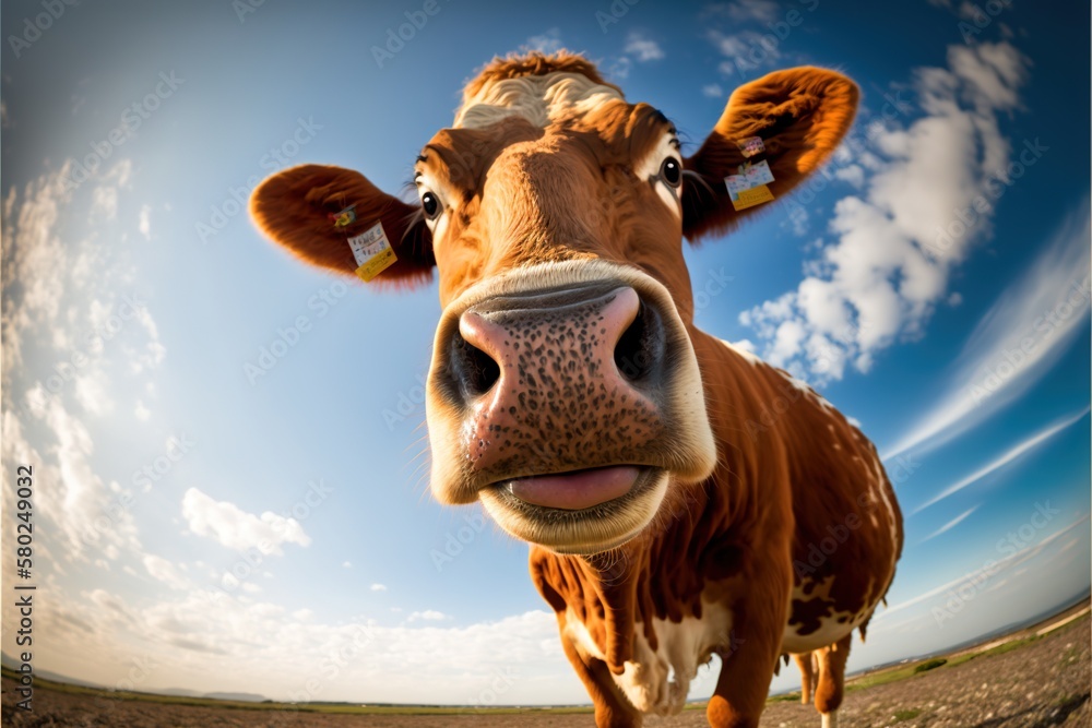 Super funny cow portrait, closeup. Wide angle. Printable artwork ...
