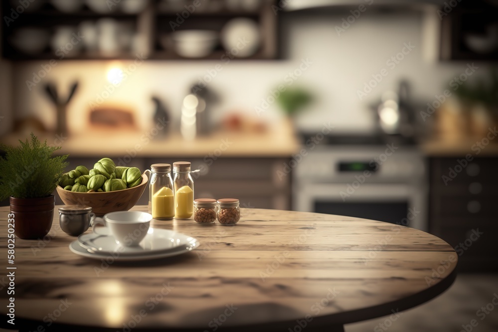 Table top and blurred kitchen room as background Stock Illustration ...