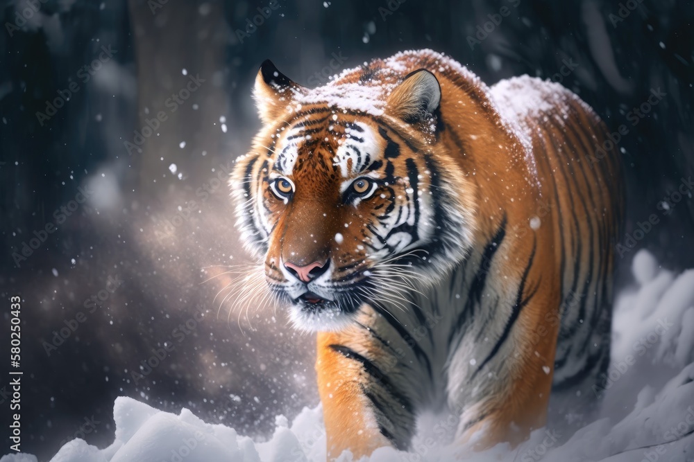 Tiger, cold Russian winter in the taiga. Wild Amur cat with snowflakes ...