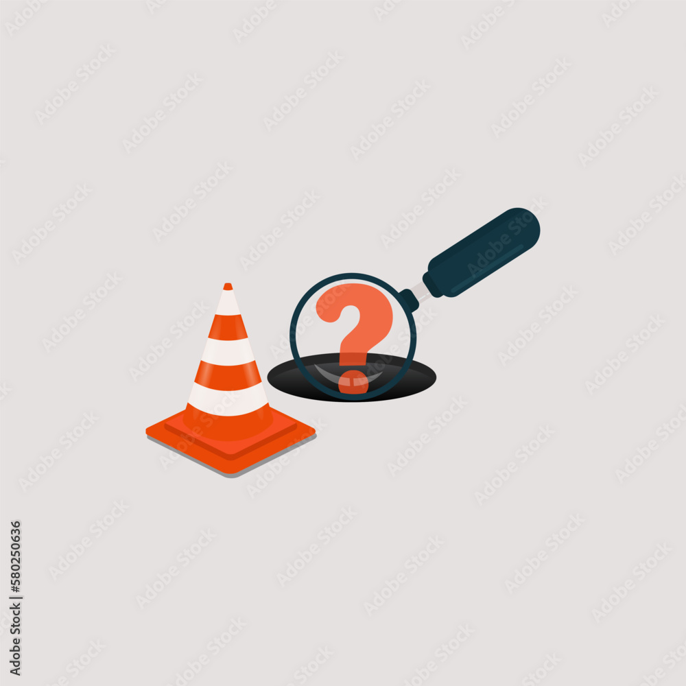 Traffic cone and question mark out from hole with magnifying glass ...