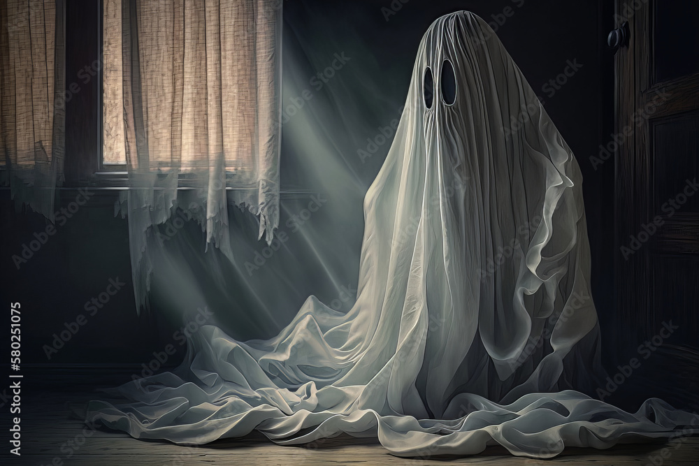 A haunting and ethereal fabric ghost draped in sheer white, creating a ...