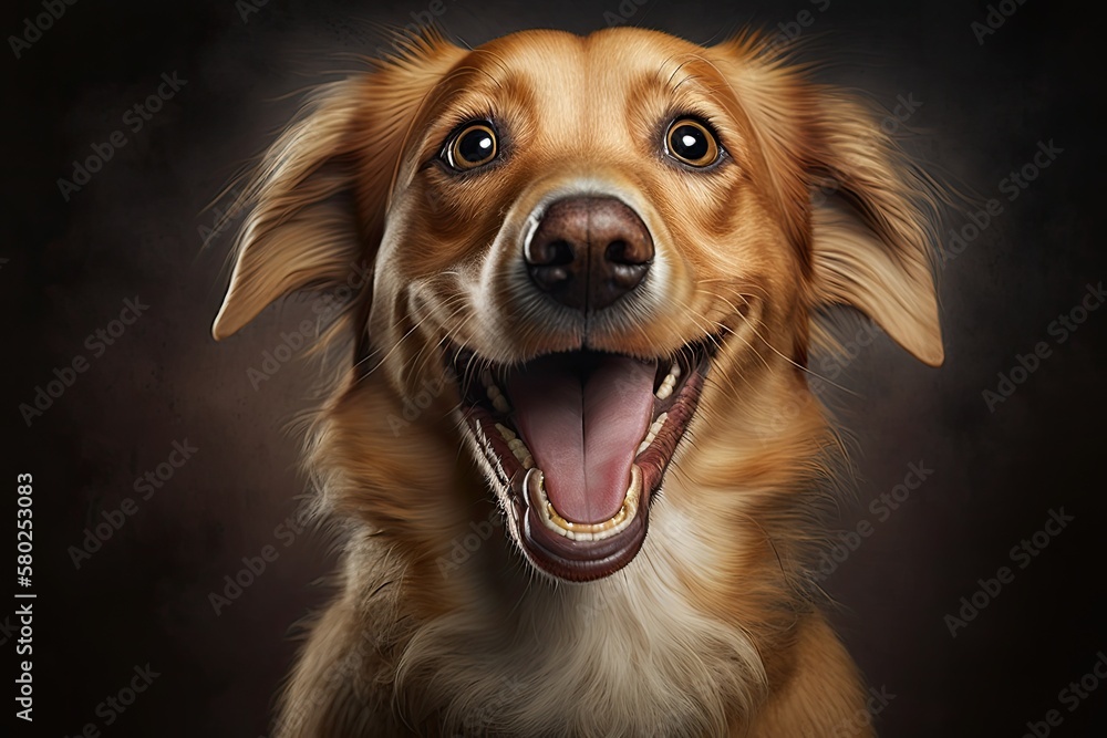 A close up picture of a pretty girl goldie dog on a brown background ...