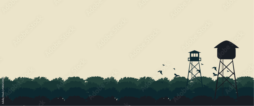 Nature landscape silhouette vector illustration with water tower ...