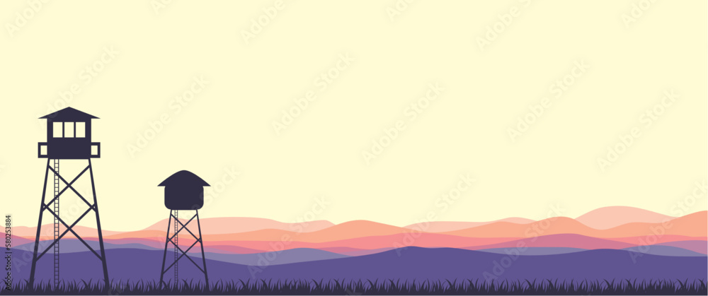 Nature landscape silhouette vector illustration with water tower ...