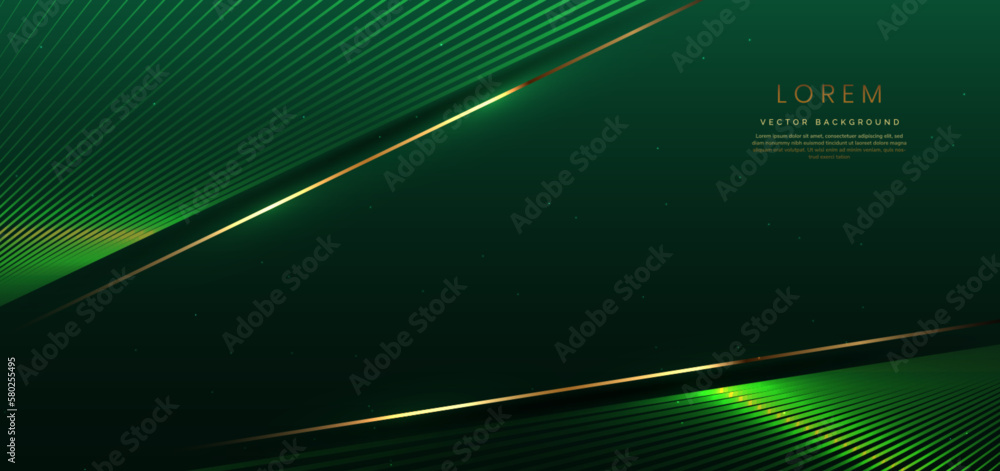 Abstract elegant dark green background with golden line and lighting ...
