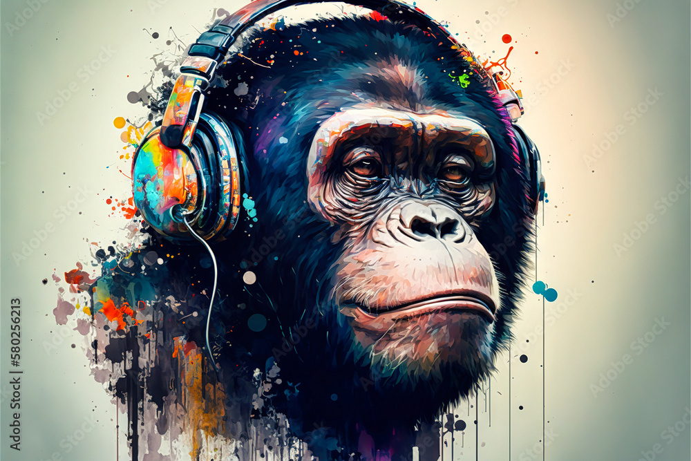 DJ monkey with headphones listening to music. Music graphite poster ...