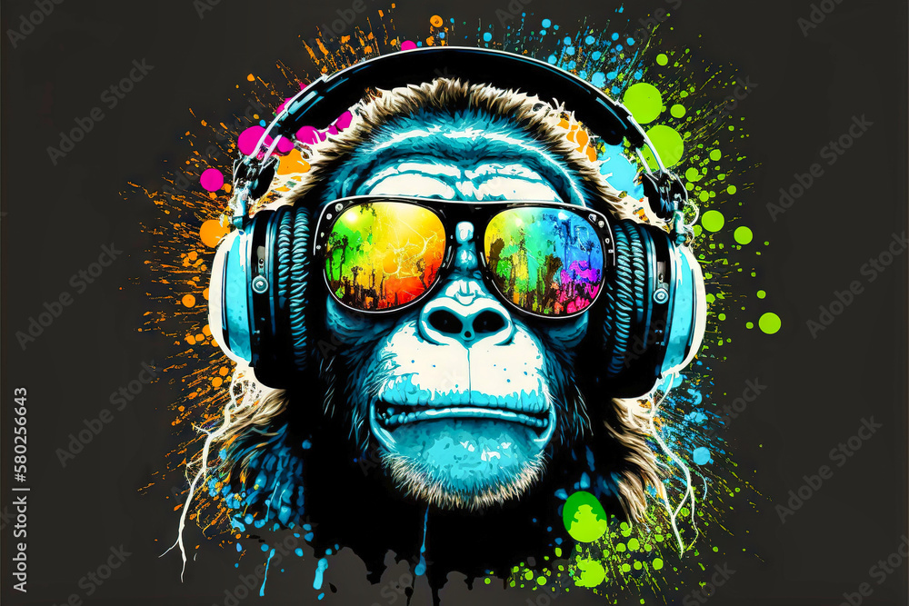 DJ monkey with headphones listening to music. Music graphite poster ...