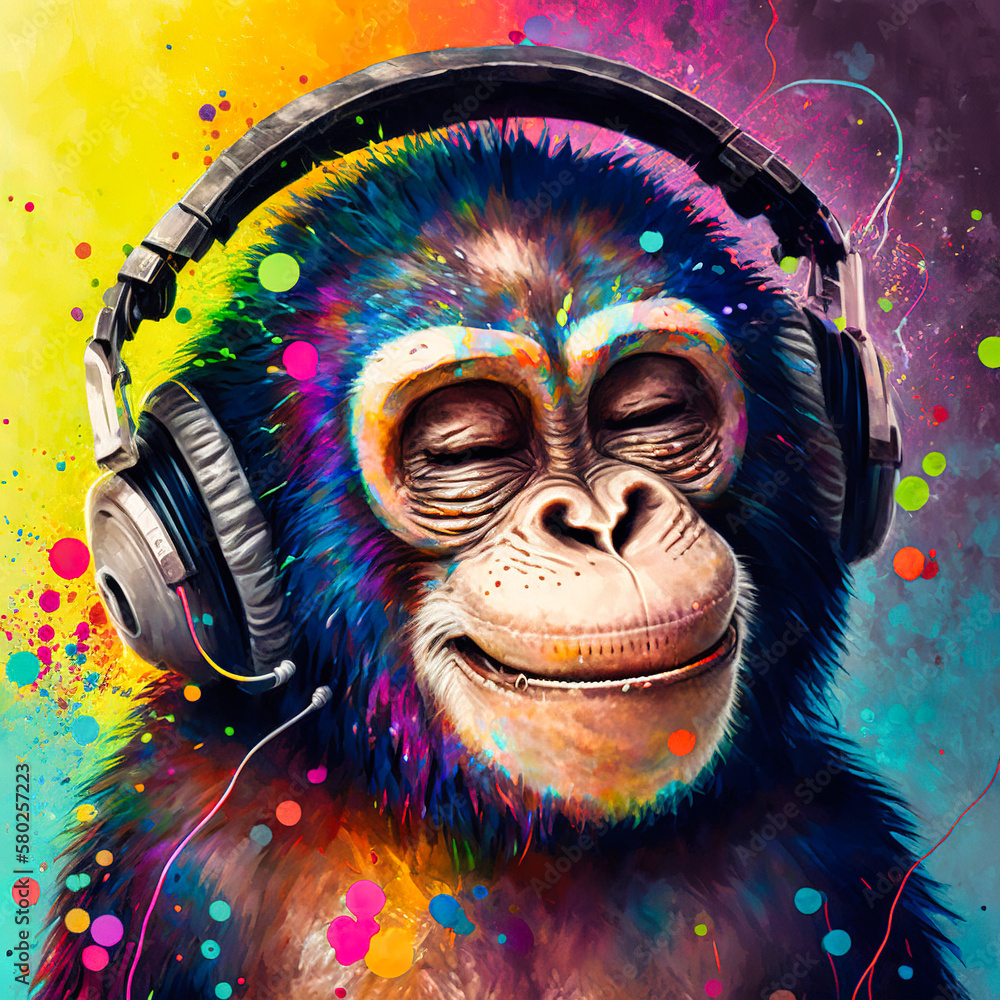 DJ monkey with headphones listening to music. Music graphite poster ...