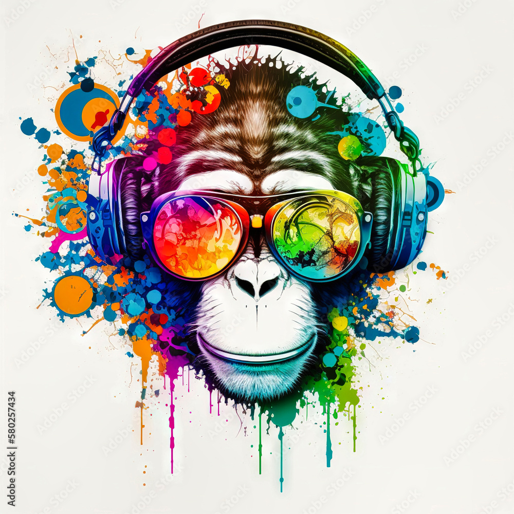DJ monkey with headphones listening to music. Music graphite poster ...