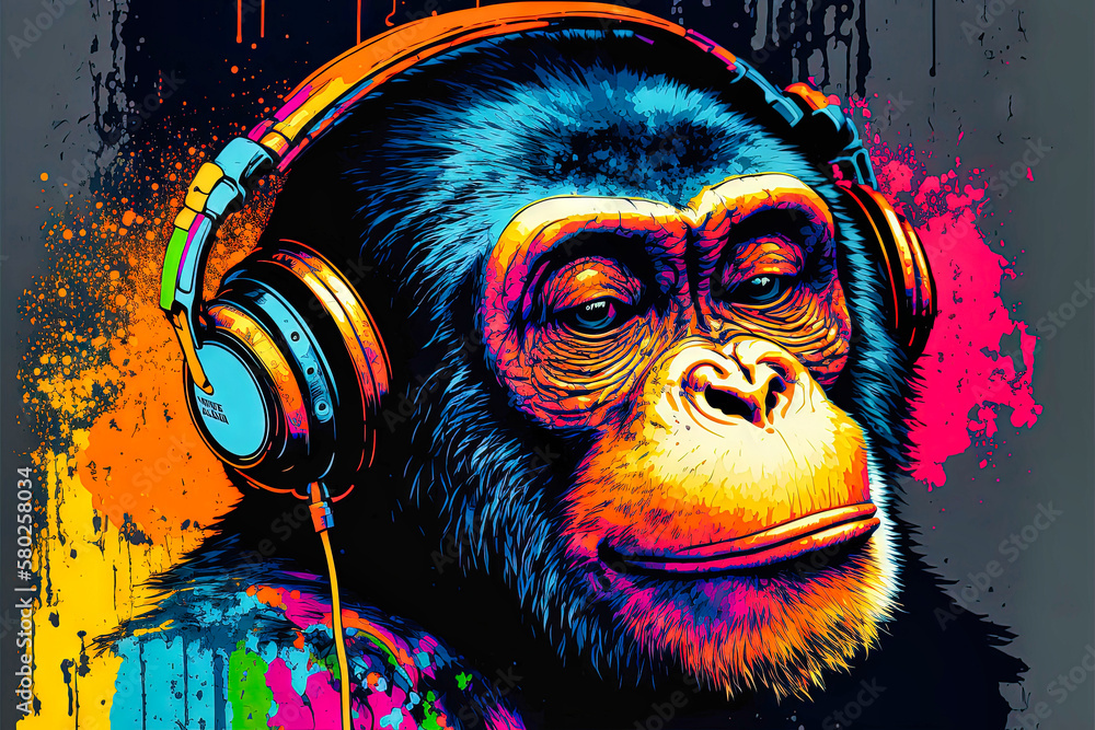 DJ monkey with headphones listening to music. Music graphite poster ...