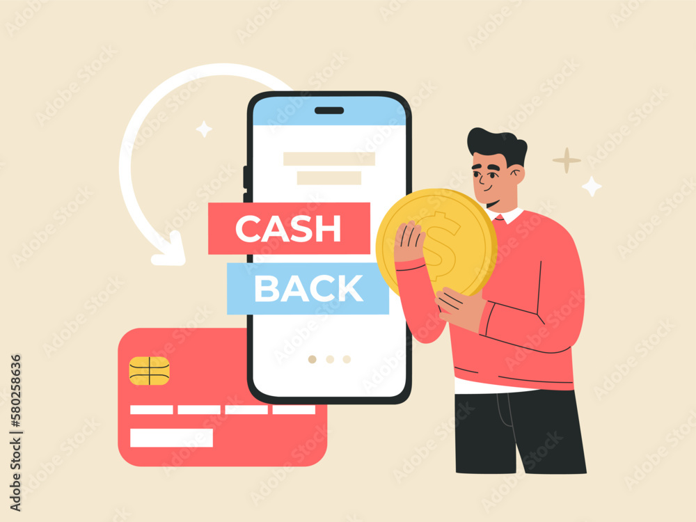 Online cashback concept. Man holding big dollar coin. Refund money from ...