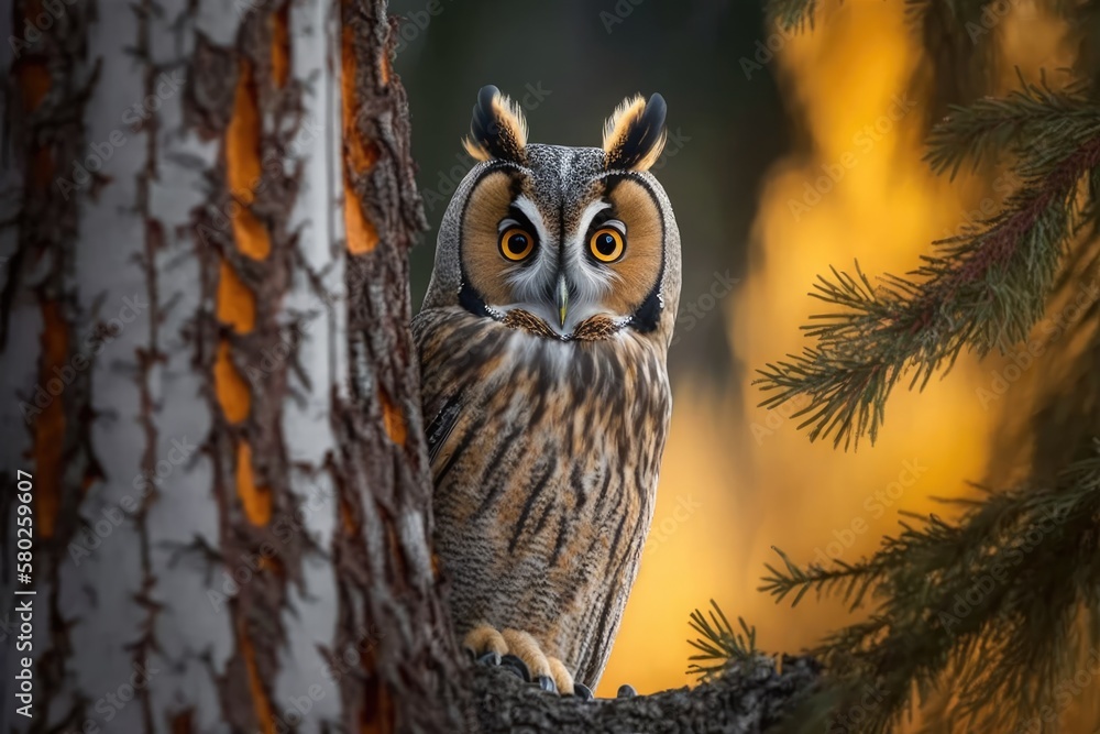 Owl in the tree. Behind the trunk of a larch tree is a portrait of a ...