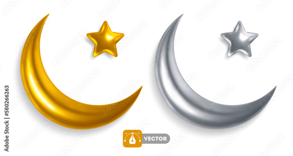 Crescent and star, gold and silver colored, Islamic symbol, isolated on ...
