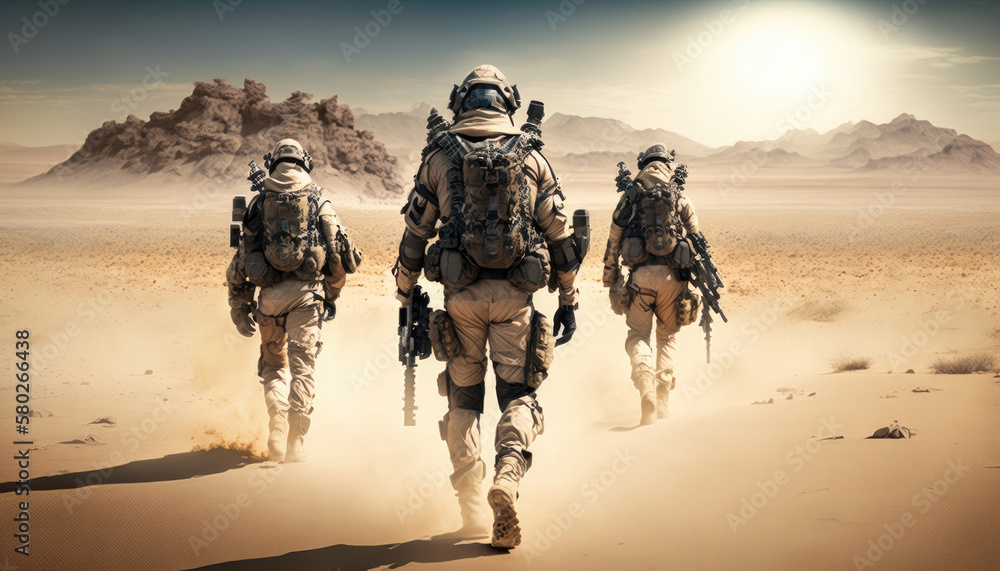 Special forces military units in full tactical gear walking in desert ...