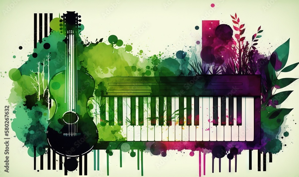 a musical instrument and a piano with watercolor paint splatters on it ...