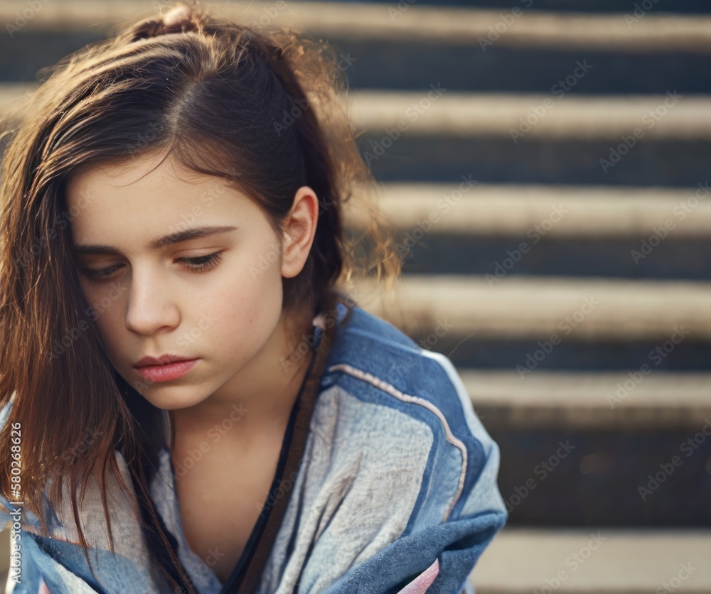 Depressed and sad teen girl sitting on a stair. Generative AI Stock ...