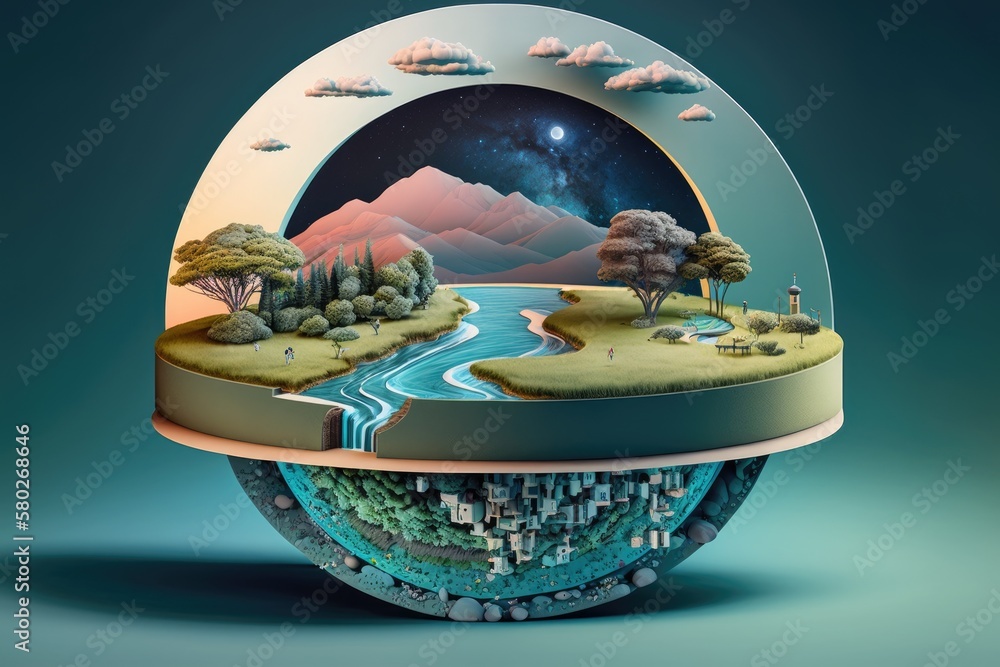 Surreal round earth cutaway cross section isolated against pastel cyan ...