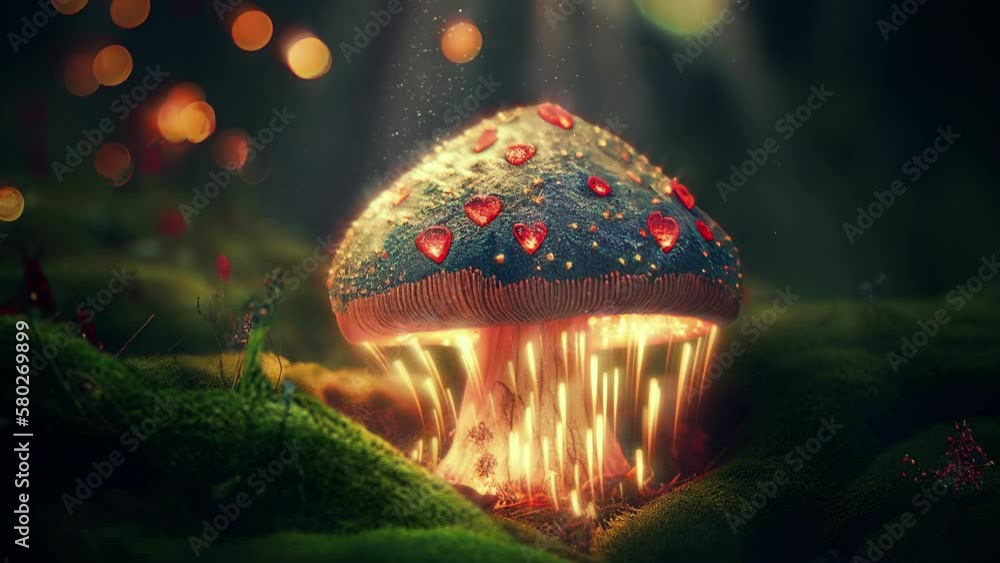 Magical romantic toadstool with hearts in a fairy forest 3D video loop ...