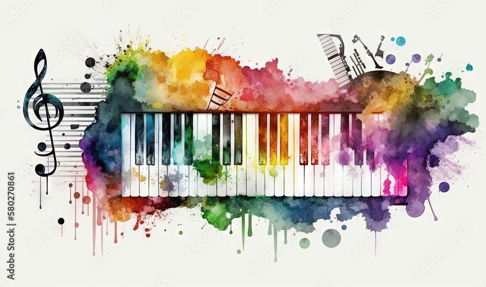 a colorful piano with music notes and musical symbols on it's side ...