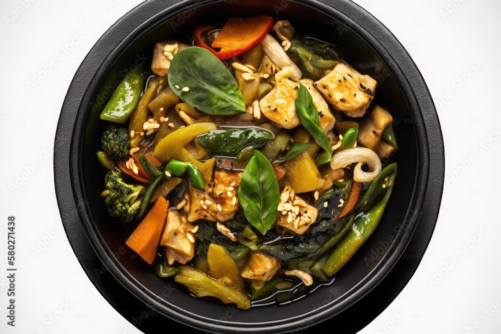 Thai stir fried vegetables, also known as Pad Pak Ruam, in a black bowl ...