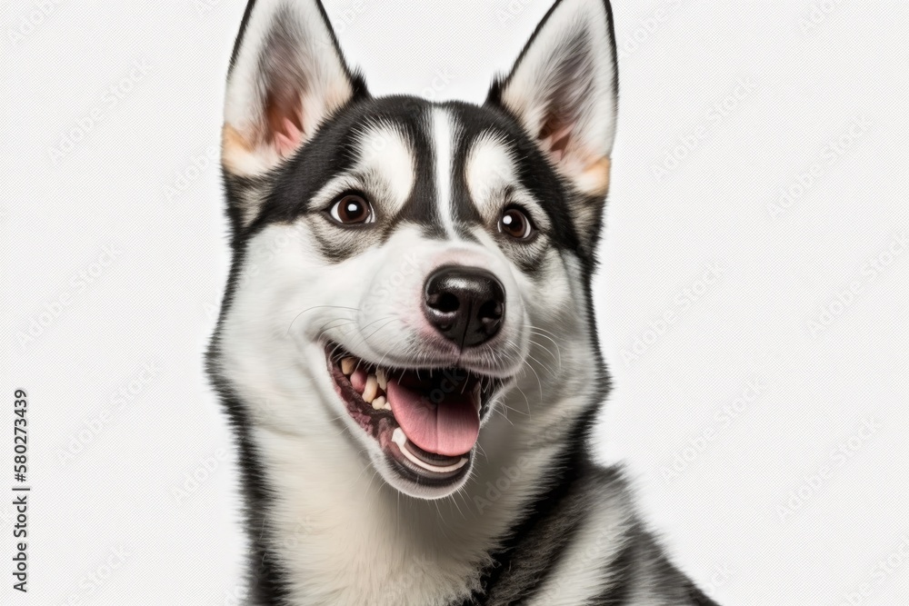 Isolated on a white background is a portrait of a young, lovely husky ...