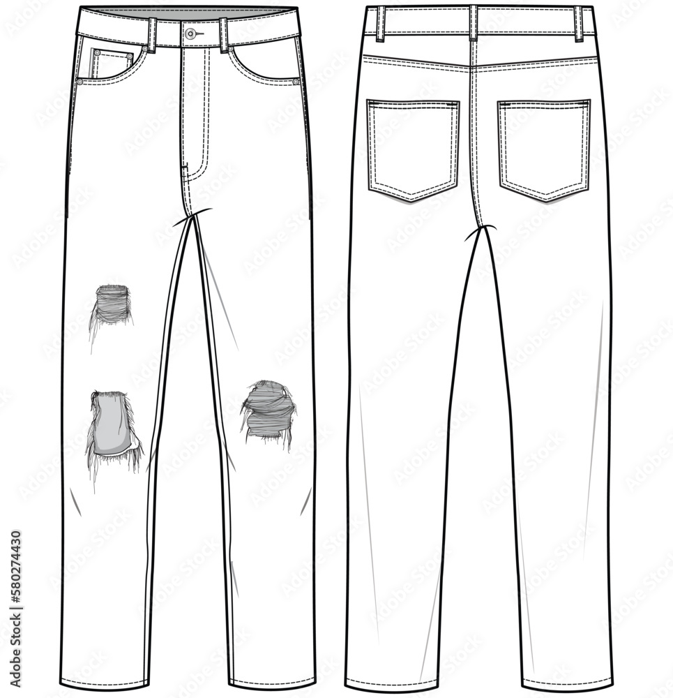 Men's denim ripped jeans trouser pants front and back view flat sketch ...