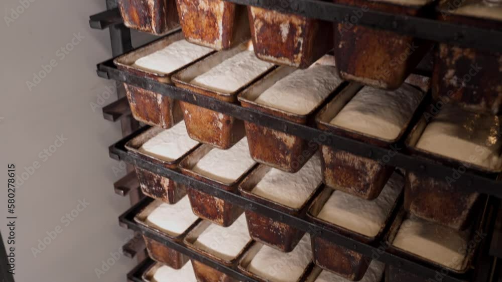 Bakery or production of bread and rolls. Bread dough in special iron ...